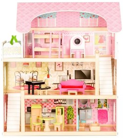 Růžový dřevěný domeček s panenkami