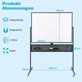 Costway Oboustranná mobilní tabule s kolíčkem, kolečky a stojanem – 120 × 90 cm