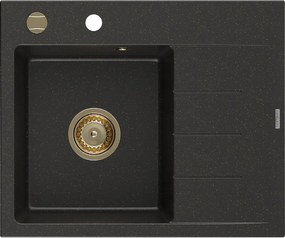 Mexen Ben, 1-komorový granitový dřez 600x500x190 mm, levý + zlatý sifon, černá-zlatá metalíza, 6522605000-75-G