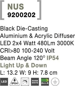 NV 9200202 Venkovní nástěnné svítidlo NUS černý hliník a akrylový difuzor LED 2x4W 3000K 100-240V 120st. IP54 světlo nahoru a dolů - NOVA LUCE