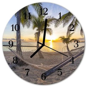 Nástěnné hodiny obrazové na skle - Pláž a palmy