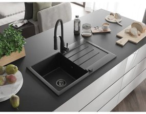 Mexen Bruno, 1-komorový granitový dřez 795x495x200 mm a dřezová baterie Aster, černá, 6513-77-73450-70-B