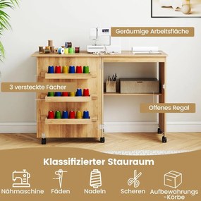 Costway Pojízdný skládací šicí stolek s úložnými boxy, přírodní