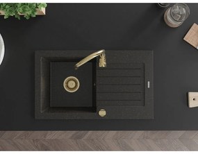 Mexen Pablo, granitový dřez 752x436x161 mm, 1-komorový, černá-zlatá metalíza se zlatým sifonem, 6510751010-75-G