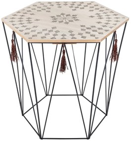 Konferenční stolek ze dřeva a kovu, šestiúhelníkový deska se vzory, moderní design vhodný do mnoha interiérů.