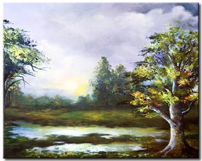 Obraz Vesnická idyla (1-dílný) - krajina s lesem při západu slunce