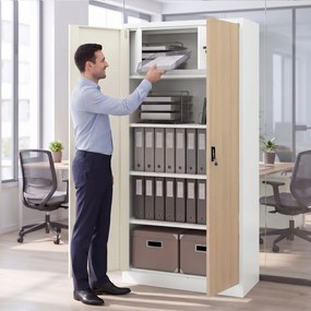 Kovová skříň s přihrádkou bílá / dub sonoma: Eco Design TOMASZ, 900 x 1850 x 450 mm