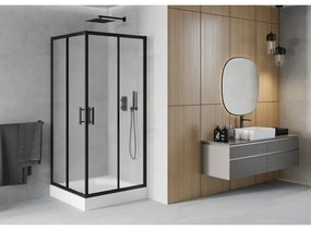 Mexen Rio, sprchový kout s posuvnými dveřmi 90x90x190 cm, 5mm sklo námraza, černý profil + bílá sprchová vanička RIO, 860-090-090-70-30-4510