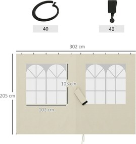 Boční stěny pavilonu, 4 boční stěnové panely pro zahradní pavilon, se zipem, 3 x 3 m pavilonu, krémově bílé barvy