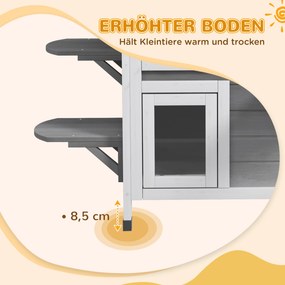 PawHut dřevěný domeček pro kočky 78 x 55,5 x 91 cm voděodolný s podlahou odolnou proti vlhkosti únikové dveře skákací plošiny otvor v podlaze šedý