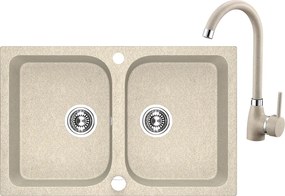 Laveo Celia, 2-komorový granitový dřez 760x480x184 mm + dřezová baterie s výlevkou ve tvaru U, béžová, LAV-SJCE420T