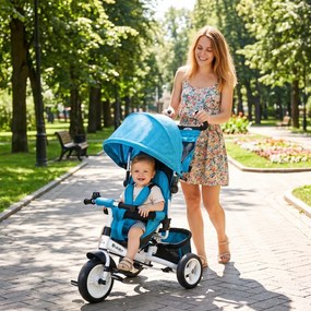 Dětská tříkolka, dětské kolo, zadní košík, držák na nápoje, sluneční stříška, kov, modrá barva