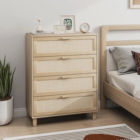 HOMCOM komoda se 4 zásuvkami, ratanový vzor, rozměry 80D x 40Š x 103V cm, MDF světlé dřevo