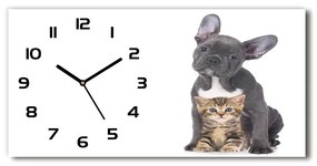 Wallmuralia Moderní skleněné hodiny na stěnu Pes a kočka 60x30 cm