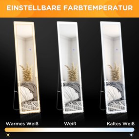 HOMCOM stojací zrcadlo 2 v 1 s LED světlem, volně stojící, hliník, nastavitelný světelný zdroj, 40 cm x 37 cm x 157,5 cm