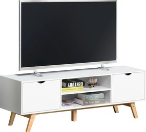 HOMCOM Moderní TV Stolek pro Televize do 65 palců s 2 Dveřmi, 2 Otevřenými Policemi a Dřevěnými Nohami 150x39x50 cm Bílý