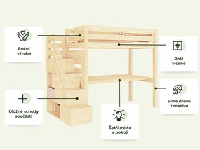 Benlemi Vyvýšená postel MAKALU s úložnými schody a psacím stolem 90x200 cm Zvolte barvu: Bílá