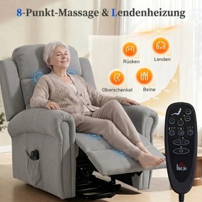HOMCOM Masážní křeslo s asistencí při vstávání, relaxační křeslo, vibrační hlavy, s polohovací funkcí, vzhled lnu, světle šedá