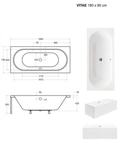 BESCO Obdélníková vana VITAE Nožičky k vaně - S nožičkami, Rozměr vany - 180 × 80 cm VANVITAE180+OLVPINOZSTELWD