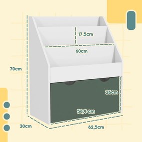 Dětská knihovnička AIYAPLAY s hračkami a úložným prostory, víceúrovňová s 3 policemi a šuplíkem, 62,5L x 30Š x 70V cm, Zelená