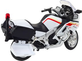 LEAN Toys Kovový motocykl se světly a zvuky, bílý s červenými a žlutými pruhy, měřítko 1:12