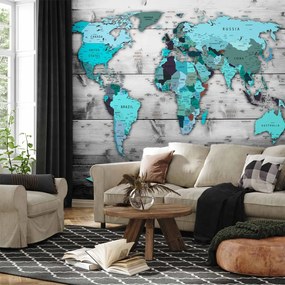 Fototapeta Svět v modrém - mapa světa v modrých tónech na dřevě