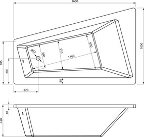 Aqualine Metuje G2610 asymetrická vana 160 x 100 cm akrylátová levá
