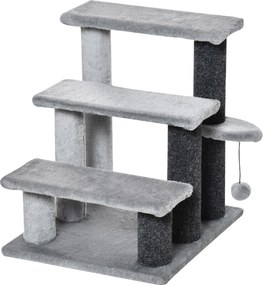 PawHut Kočičí Schody 3-Krokové Domácí Schody pro Mazlíčky se Škrabacími Sloupky a Míčkem pro Psy až 5 kg, Plyš Juta Šedá 45 x 40 x 48 cm | Aosom