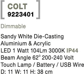 NV 9223401 Venkovní stolní lampa COLT bílý litý hliník a akryl LED 2W 3000K IP54 62st. 5V DC vypínač na těle USB kabel stmívatelné - NOVA LUCE