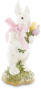 Bílý zajíc s tulipány a růžovou mašlí 23 cm 144003