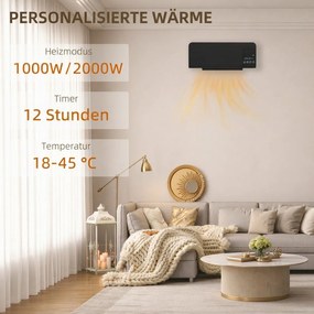 HOMCOM Elektrické topení, nástěnná montáž, oscilační funkce, 2 režimy, časovač, LED displej, černá