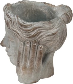 Šedý cementový květináč hlava dívky v dlaních S - 14*16*17 cm