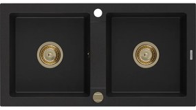 Mexen Mario, granitový dřez 820x436x161 mm, 2-komorový, černá se zlatým sifonem, 6504822000-77-G