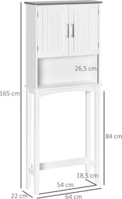 Kleankin Koupelnová skříňka nad záchod s dvoudveřovým úložným prostorem, nastavitelnou policí a otevřenými přihrádkami, 64 x 22 x 165 cm, Bílá | Aosom