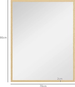 HOMCOM Obdélníkové Zrcadlo na Stěnu 90 x 70 cm, dřevěný rám, ideální do koupelny, obývacího pokoje nebo ložnice, přírodní | Aosom