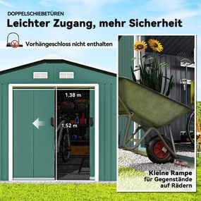 Kovová zahradní kůlna Outsunny 12,4 m², s šikmou střechou, posuvnými dveřmi a základem, 386 x 340 x 200 cm, odolná vůči počasí, pro zahradu, tmavě ze…