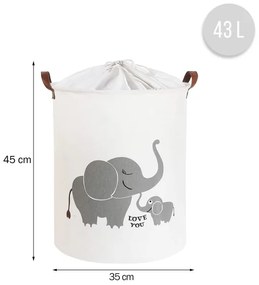 Koš na hračky, uzavíratelný, bavlna, Elephant - bílý, 43 L