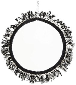 Kulaté zrcadlo s třásněmi Off White/Black, černá barva, bílá barva, sklo, textil