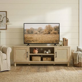 HOMCOM TV nábytek 135 cm, TV nábytek pro televize až do 165,1 cm s 2 ratanovými dveřmi, 2 otevřenými přihrádkami, dub