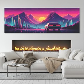 Obraz na plátně - Retro futuristické město s horami a autem FeelHappy.cz Velikost obrazu: 240 x 80 cm