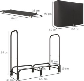 Stojan na palivové dřevo Outsunny 120x36x99 cm Stojan na palivové dřevo s taškou z plátna 600D Oxford vodoodpudivý potah na zahradní terasu kovový če…