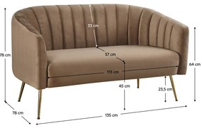 Kondela Designový 2-sed, hnědá Velvet látka/gold chrom-zlatý, BAGY