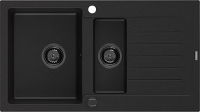 Mexen Matias - dřez granitový 900x505x200 mm, 1,5-komorový, černá s černým sifonem, 6502901505-77-B