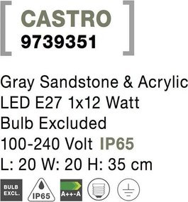 NV 9739351 Venkovní sloupkové svítidlo CASTRO šedý pískovec a akryl E27 1x12W bez žárovky 100-240V IP65 - NOVA LUCE