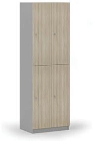 Dřevěná šatní skříňka s úložnými boxy, 4 boxy, cylindrický zámek, šedá/dub přírodní