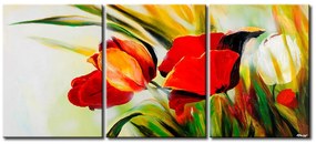 Obraz Schované (3-dílný) - krajina s červenými květy na světlém pozadí
