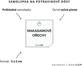 MAKADAMOVÉ OŘECHY - omyvatelná samolepka na dózu, výběr rozměrů Ø 5 cm / 5 x 5 cm / 6 x 8 cm | DomaLEP tvar: ČTVEREC, barva: PRŮHLEDNÁ - ČERNÉ písmo, velikost: š. 5 cm x v. 5 cm - tučné písmo
