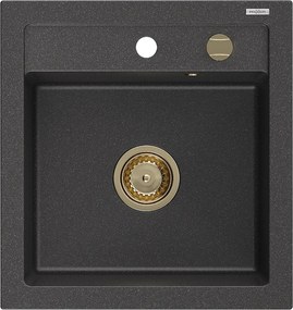 Mexen Vito, granitový dřez 520x490x210 mm, 1-komorový, černá skvrnitá se zlatým sifonem, 6503521000-76-G
