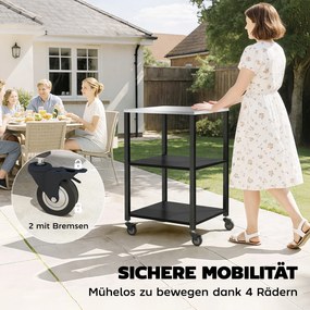 Grilovací vozík Třípatrový grilovací stůl s pracovní plochou z nerezové oceli Kolečka pojízdný servírovací vozík 50 x 50 x 90 cm Černá barva