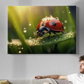 Obraz na plátně - Beruška na stéblu trávy s rosou FeelHappy.cz Velikost obrazu: 210 x 140 cm